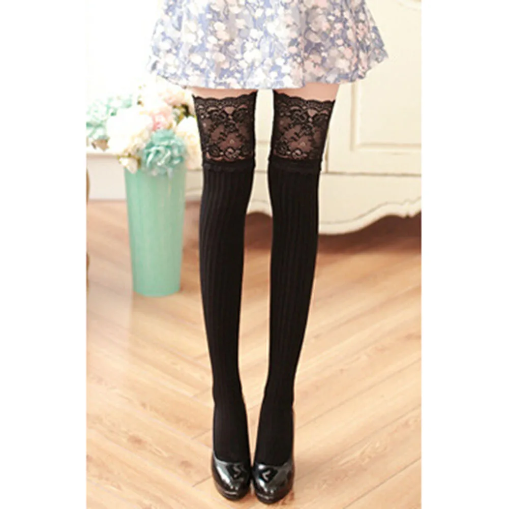 New Fashion 6 Colors Striped Thigh High Stockings Women Lace Sexy