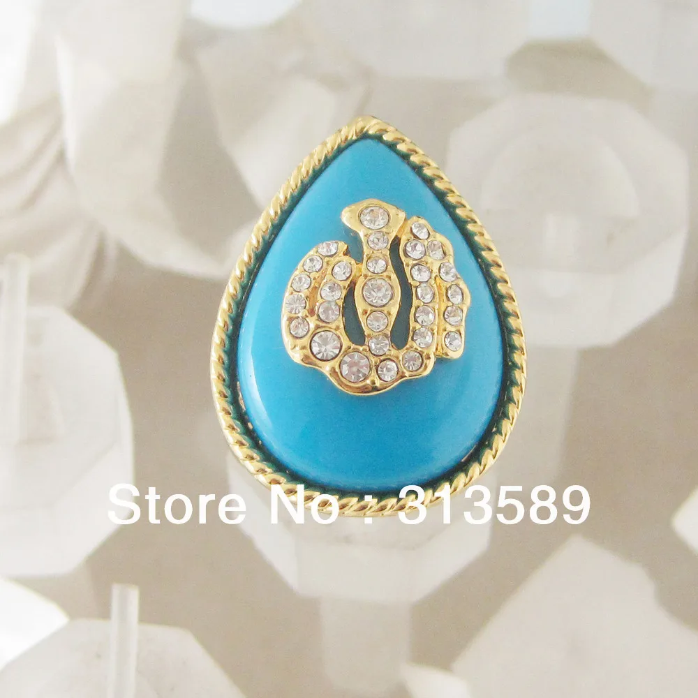 New Yellow Gold Plated Muslim Allah God Cz Blue Stone Water Drop Ring ...