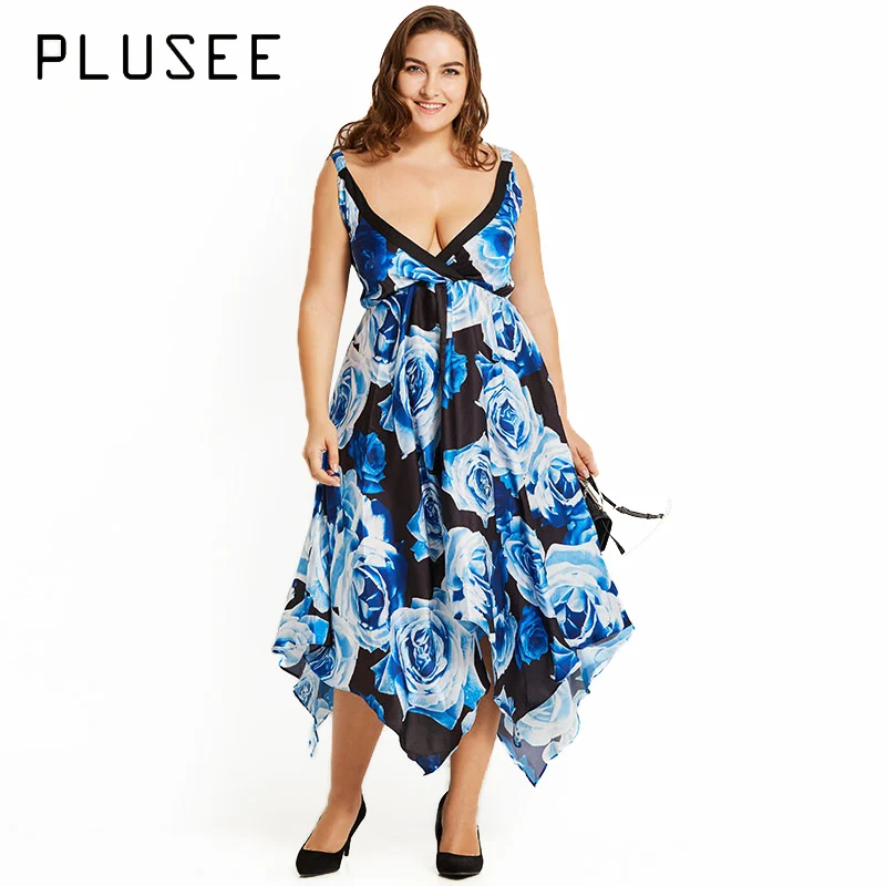 PLUSEE New Women Plus Size Summer Dress Spaghetti Strap V Neck Short ...