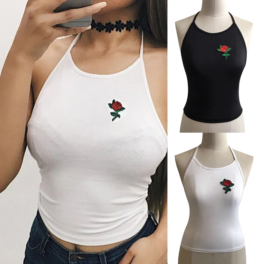 Sexy Rose Flower Embroidered Halter Sling Vest Slim Fit Women Backless ...