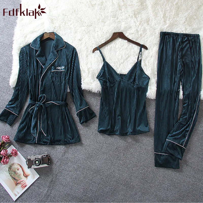Fdfklak 3 Pieces Winter Pajamas For Women Long Sleeve Warm Pyjamas