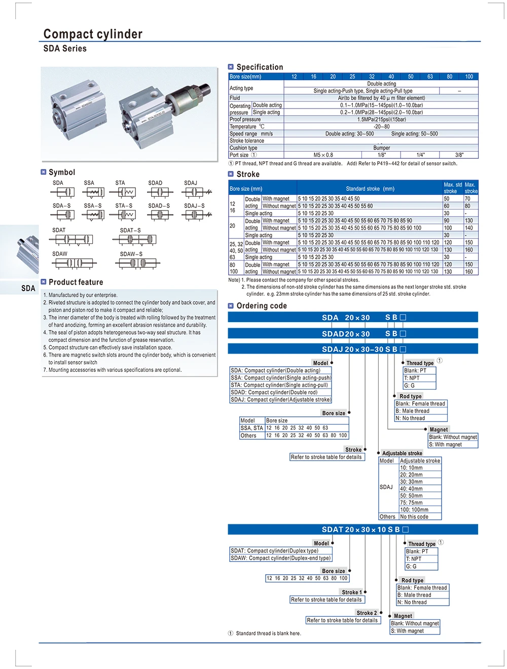 SDA25* 100-S 25 мм диаметр 100 мм Ход Компактный Воздушные цилиндры ...
