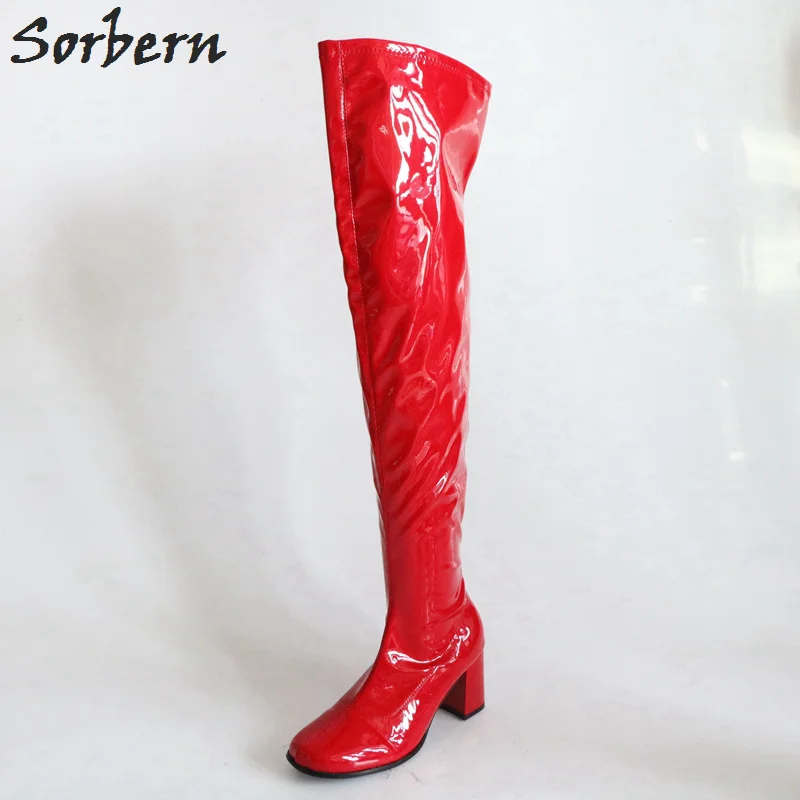 Sorbern Fashion Red Square Heel Thigh High Boots Women Square Toes ...