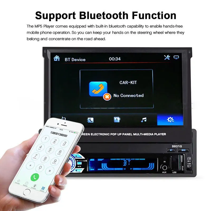 7" Mp5 Player Car Radio 1 DIN Retractable Screen Bluetooth Multimidia ...