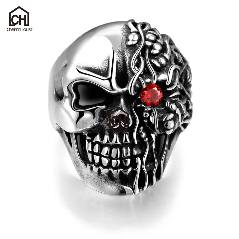 Antique 316L Stainless Steel Rings for Men Punk Rock Vintage Skull Red ...