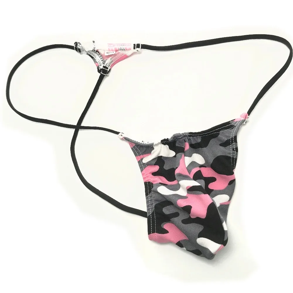 G4504 Mens Small Contoured Pouch Triangle Back Thong Pink Camo Print