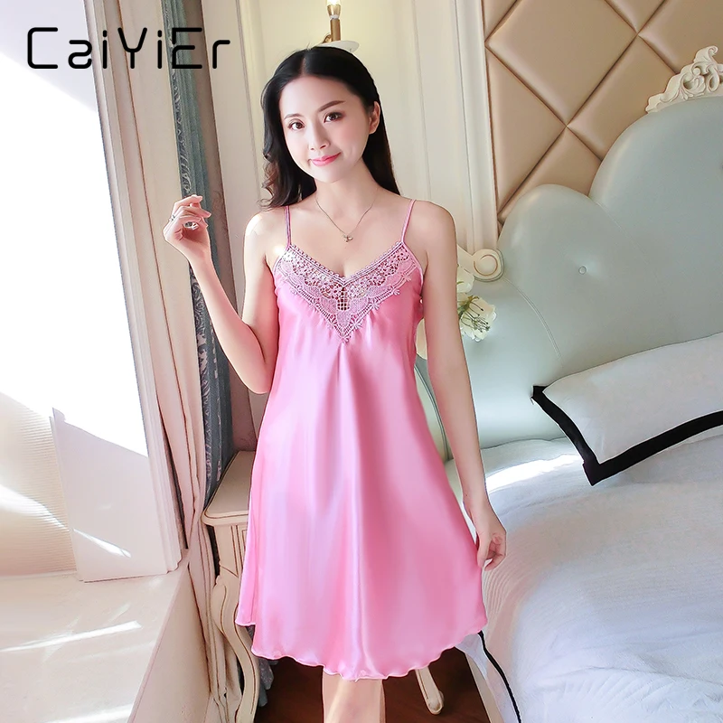 Caiyier 2018 Silk Lace Nightgowns Women Sexy Pink Sexy Lingerie