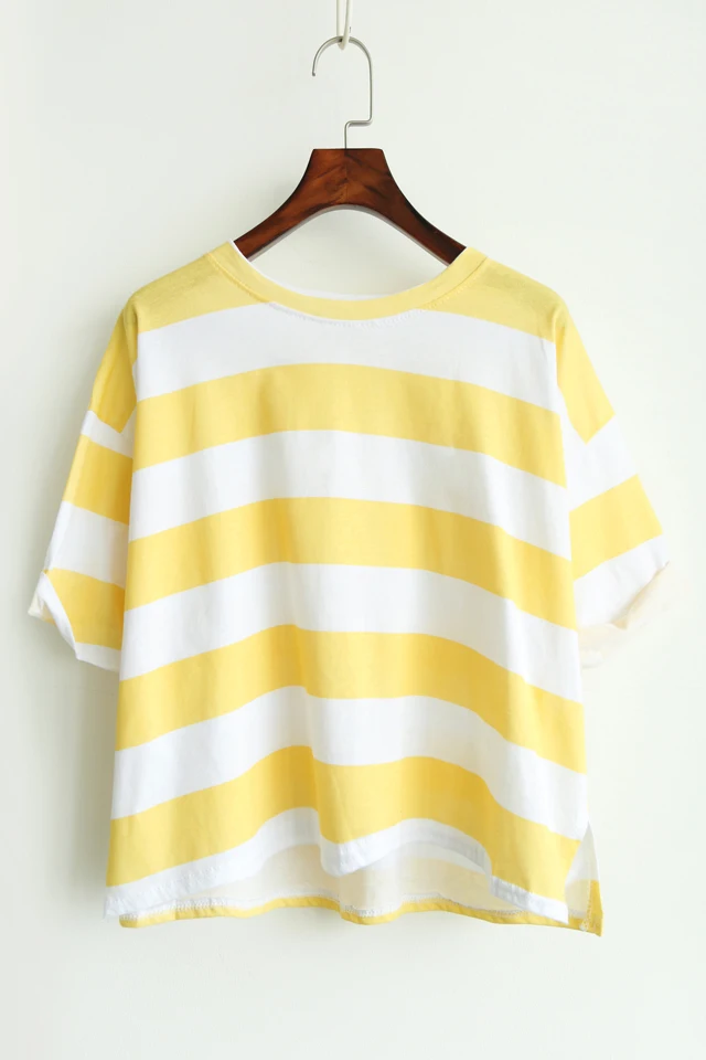 Summer New Fashion T Shirt Women Yellow Striped Color Short Sleeve O ...