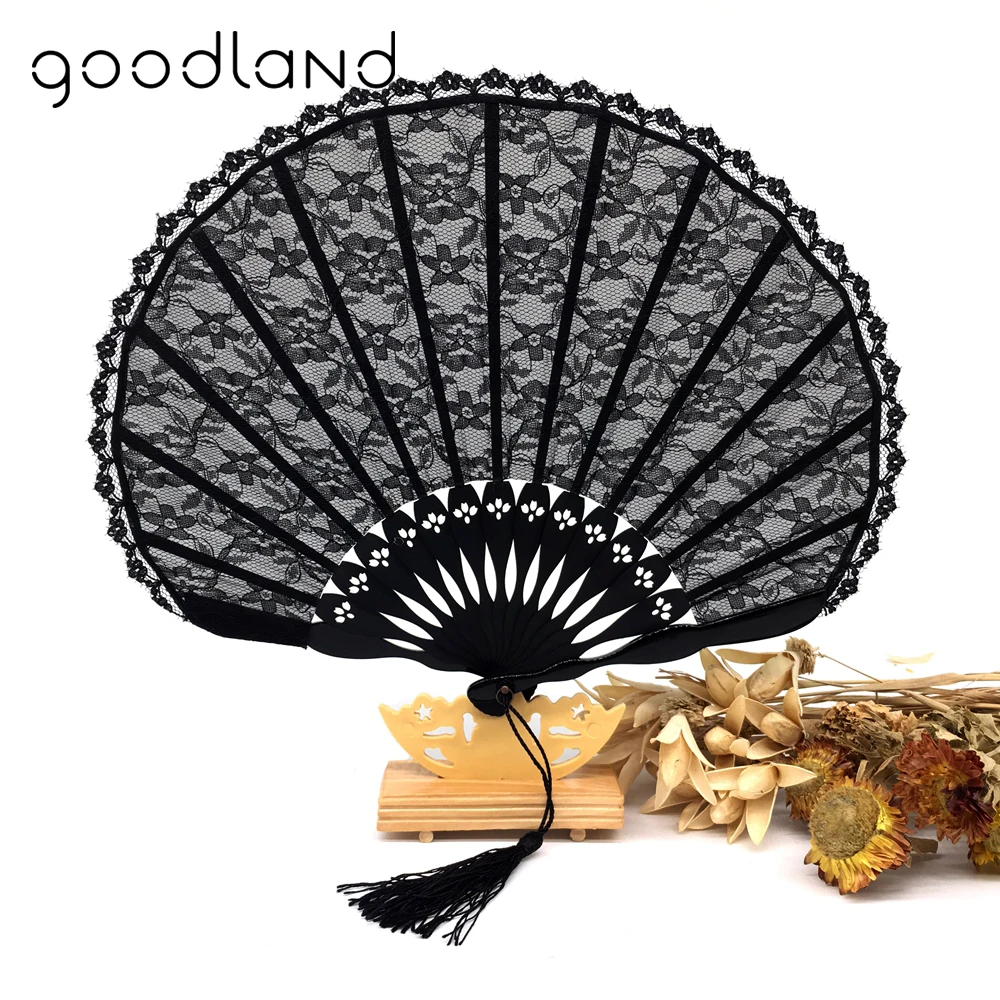 Free Shipping 1pcs Lace Edge Fancy Bamboo Hand Fan Black Folding Fans ...