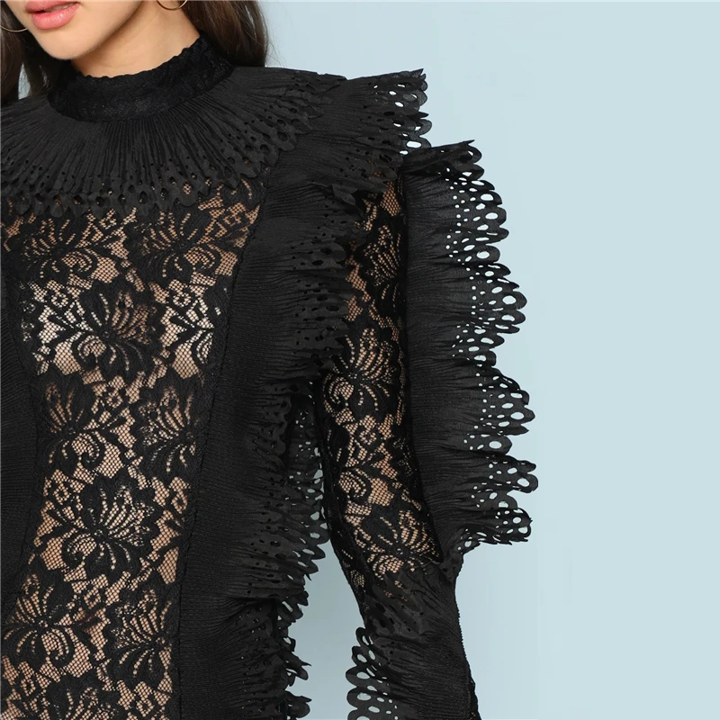 Black Sexy Ruffle Embellished Sheer Lace Long Sleeve Solid Skinny ...