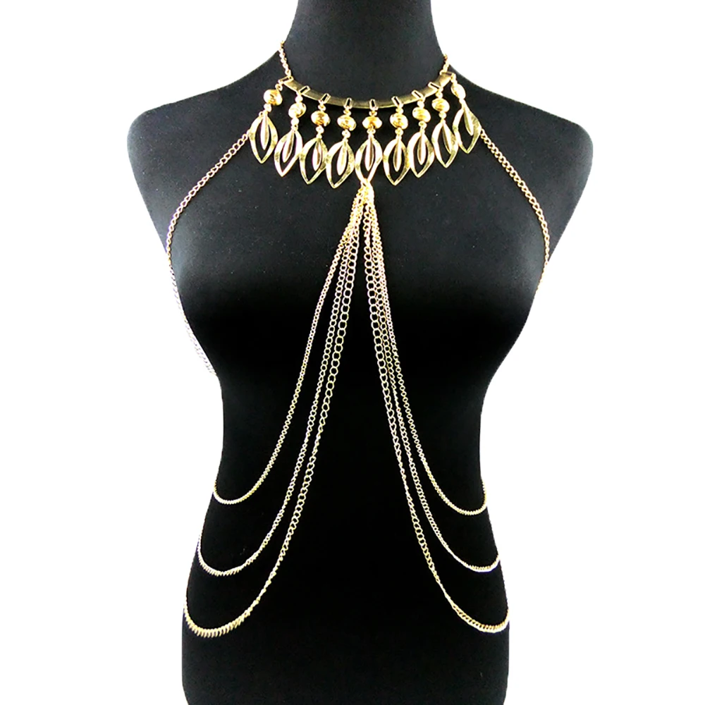 Trendy Gold Color Multi Layer Body Chain Jewelry Long Tassel Statement