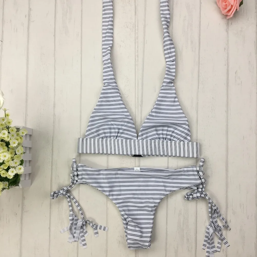 High Quality White Black Stripe Cut Out Sexy Women Bikinis Swimwear