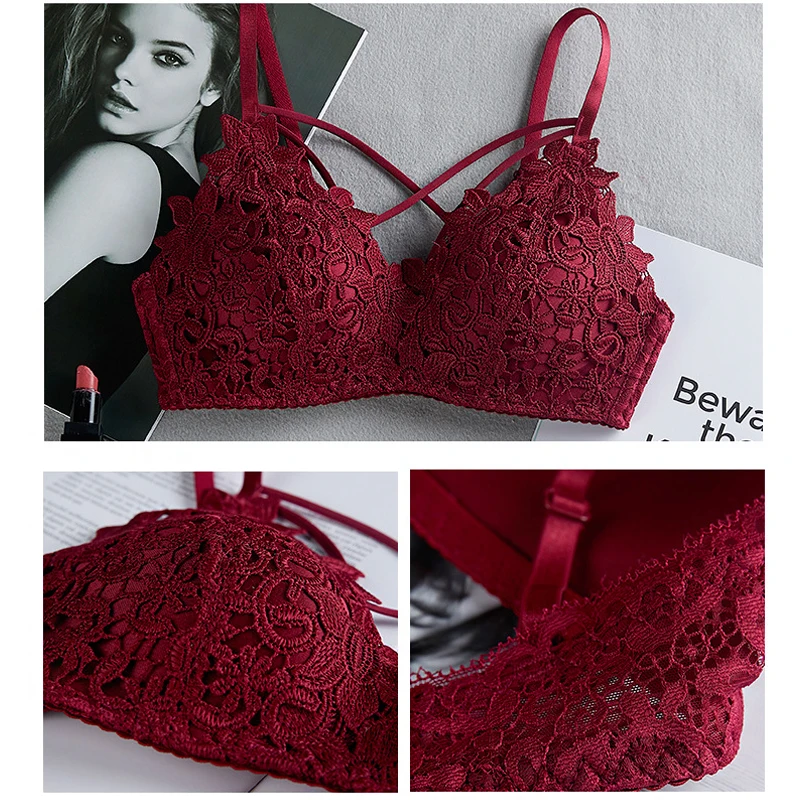 Women Lingerie Sexy Lace Bra Wine Red Brassiere Fashion Seamless Push ...
