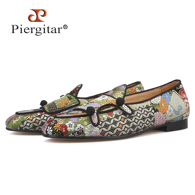 Piergitar multi color jacquard silk double monk BELGIAN LOAFERS with ...