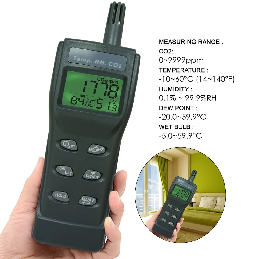 Digital 3-in-1 CO2 Meter 9999ppm Indoor Air Quality Carbon Dioxide ...
