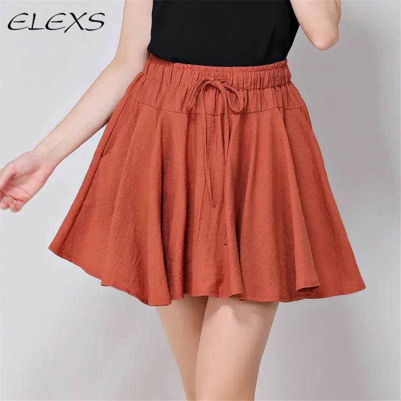 ELEXS Summer Cotton Linen Mini Skirt Women High Waist Loose Solid Color ...