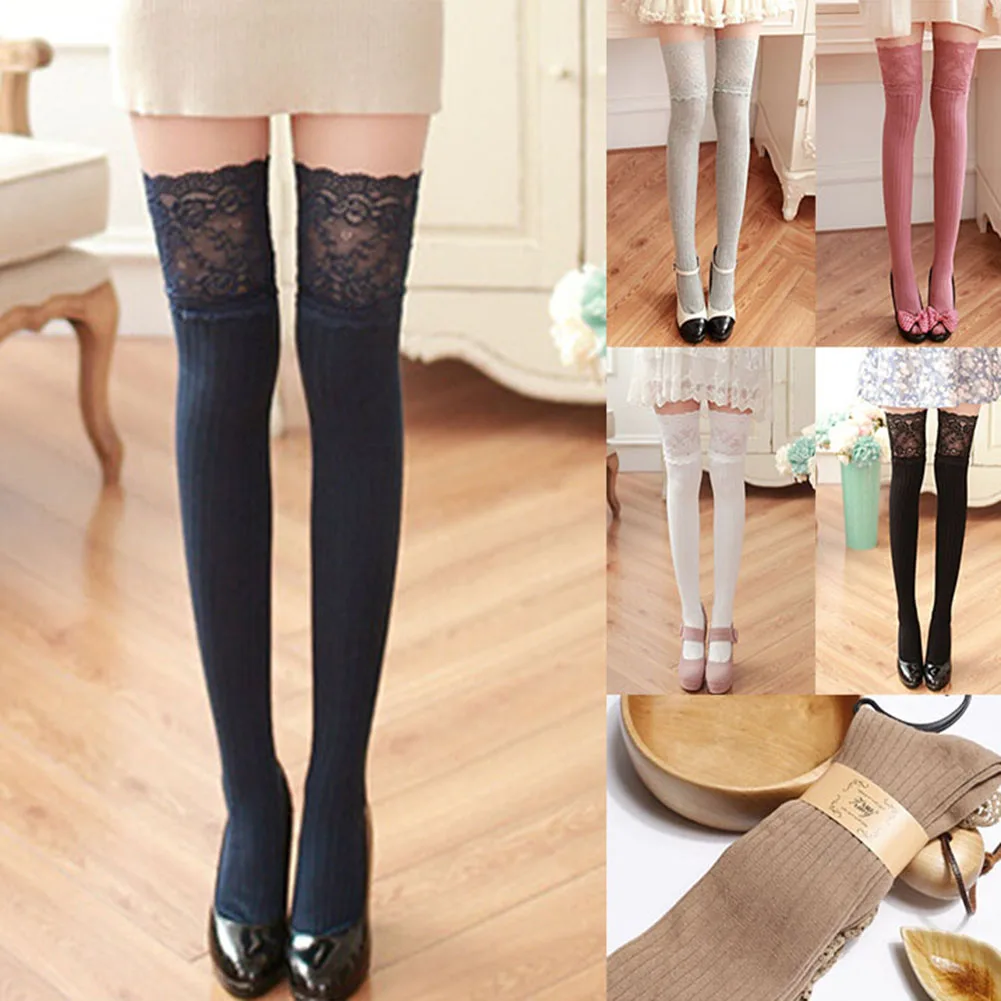 New Fashion 6 Colors Striped Thigh High Stockings Women Lace Sexy