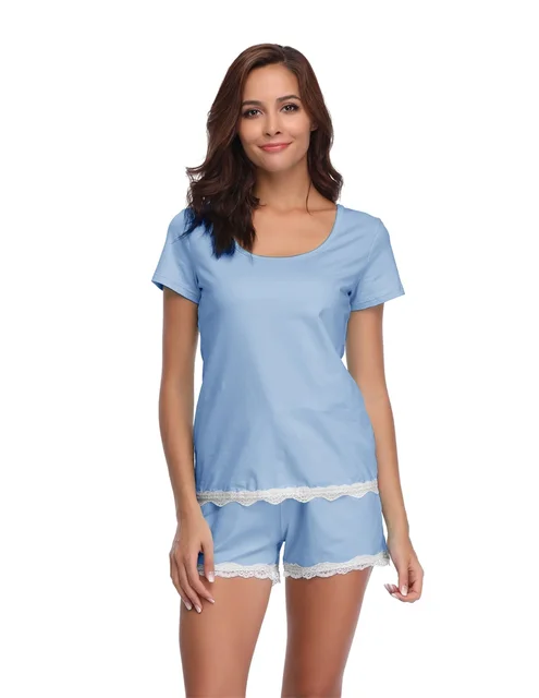 Fall 2018 Pajamas Cotton Lace Top Trim And Shorts 2 Piece Nightie Pink