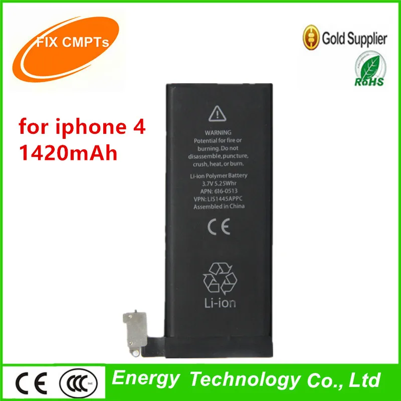 10pcs/lot AA Quality 1420mAh 3.7V Li ion Battery For iPhone 4 4G ...