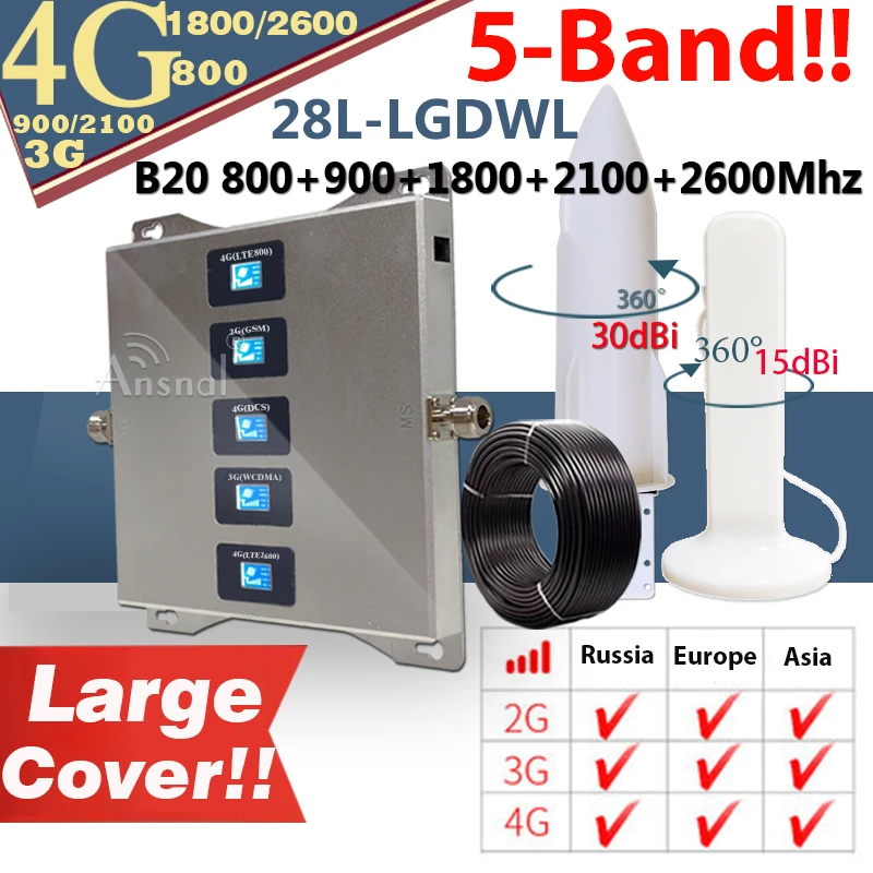 Five-Band CellPhone Cellular Amplifier B20 800 900 1800 2100 2600Mhz GSM Repeater 2G3G4G Mobile ...