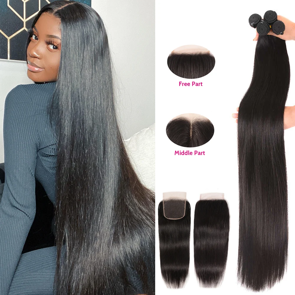 Unice Hair 30 Inch 32 34 Inch Bundles With Closure Straight Brazilian ...