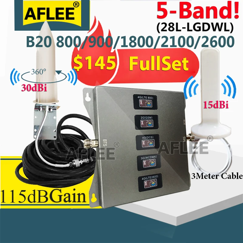 New!! 5-Band B20 800 900 1800 2100 2600mhz CellPhone 4G Cellular Amplifier GSM Repeater 2G 3G 4G ...