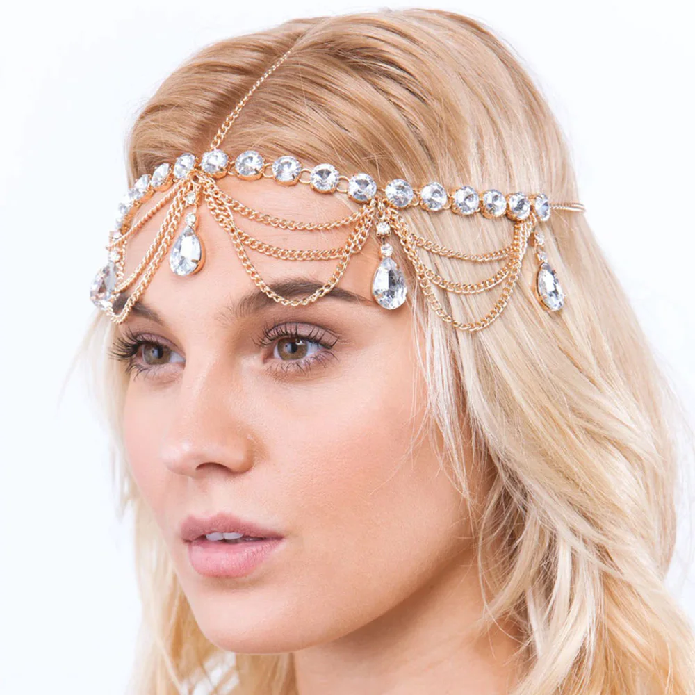 Stonefans New Boho Headband Chain Crystal Water Drop Forehead Headpiece ...