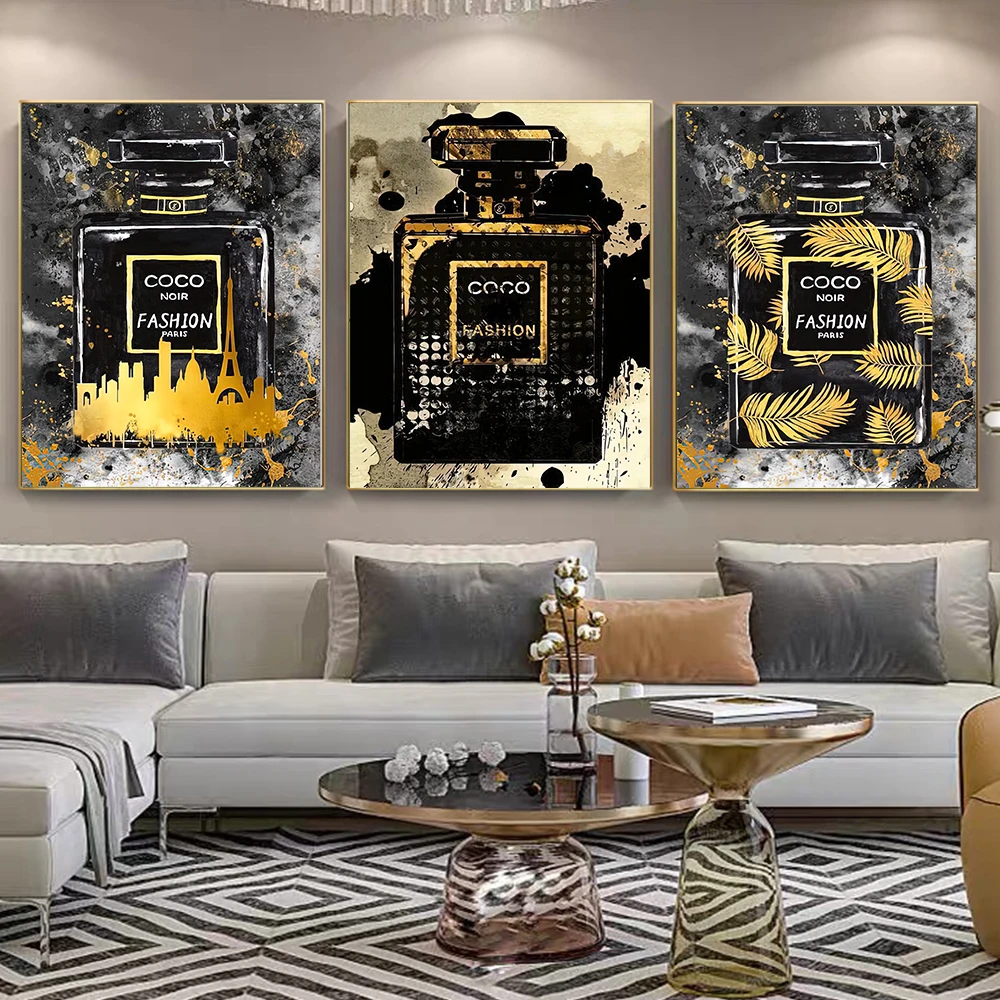 Black With Gold Paris Perfume Bottle Fashion Poster Canvas Painting ...
