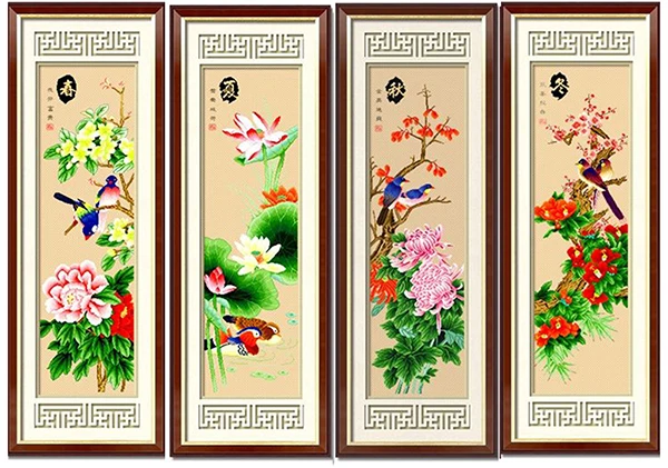 Four-Season-Plants-Mandarin-duck-Lotus-Flowers-Love-Birds-with-Peony-Flowers-Stamped-Cross ...