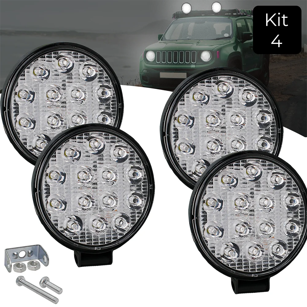 Kit 4 Farol Milha 14 Leds 42w 12v/24v Redondo Off Road Branco Frio ...