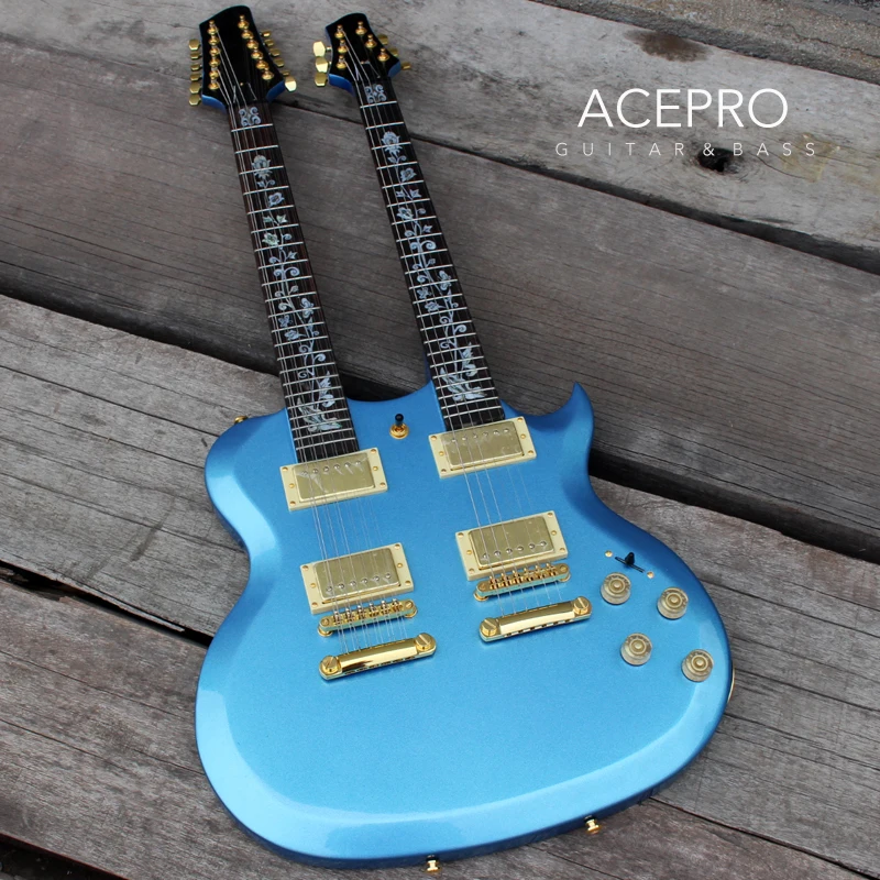 Metallic Blue Acepro Double Neck Electric Guitar With Basswood Body ...