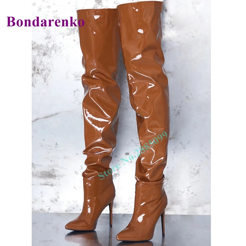 Botas-altas-hasta-el-muslo-de-charol-de-Chocolate-para-mujer-zapatos ...