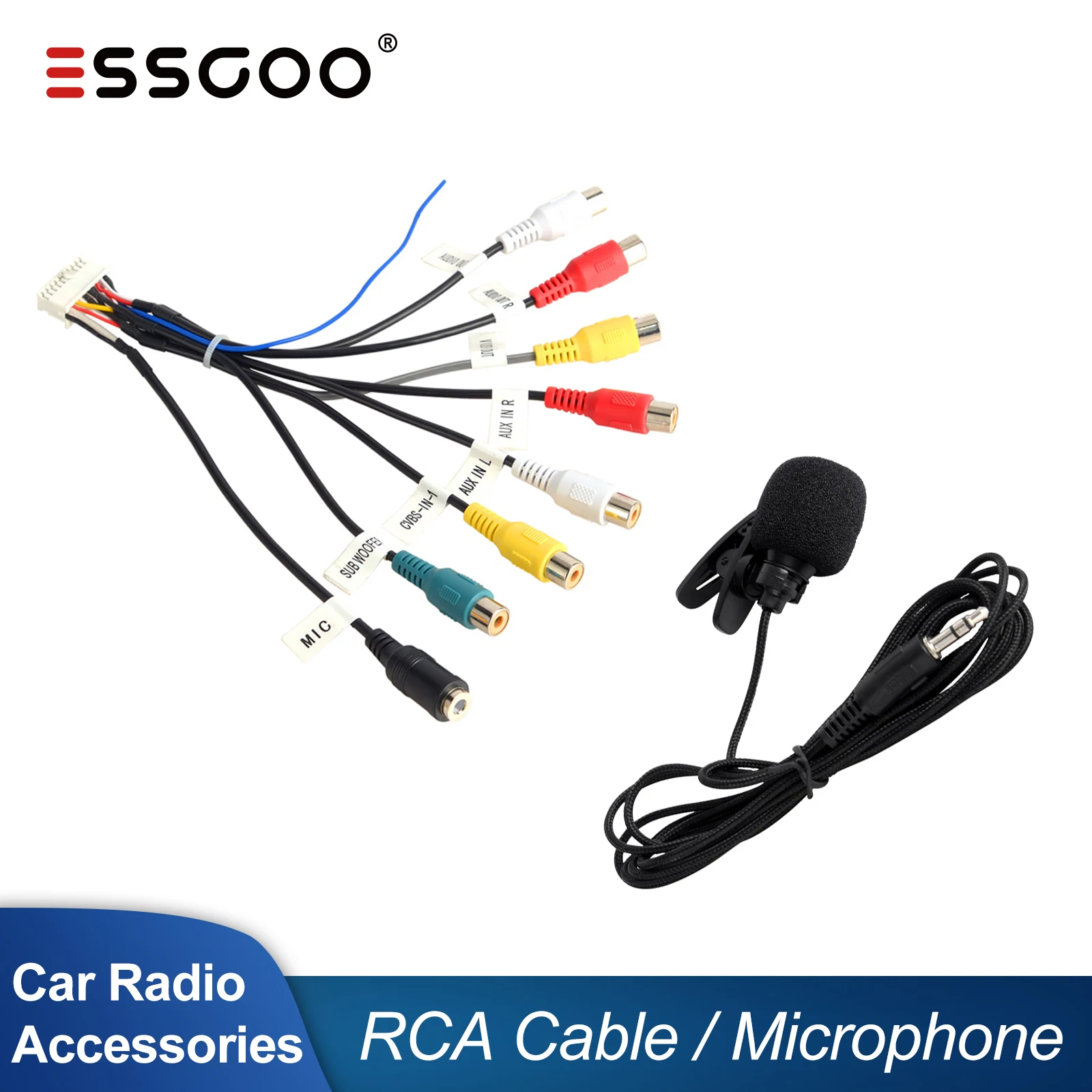 ESSGOO Car Radio RCA Cable Extra Microphone Cable AUX IN RCA Output ...