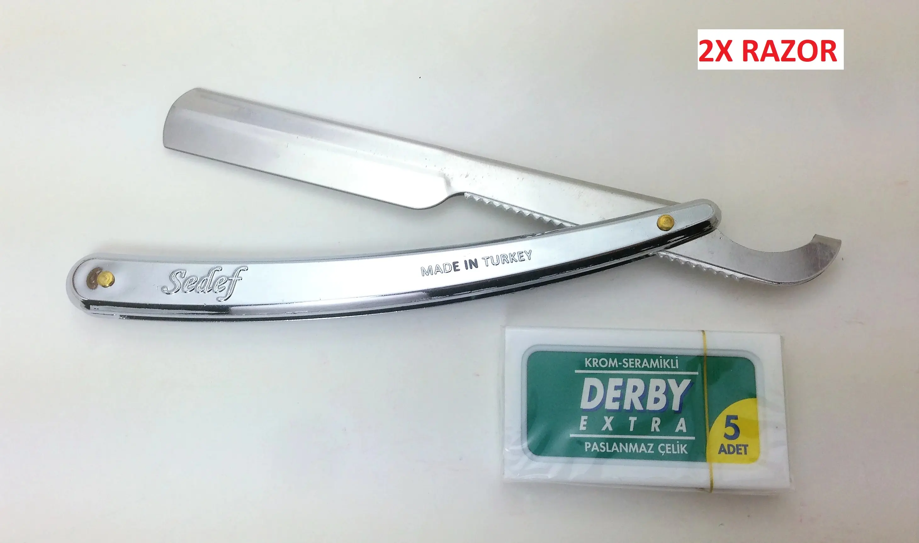 Chrome coated straight 2X razor +5 gift derby double edge blades light ...