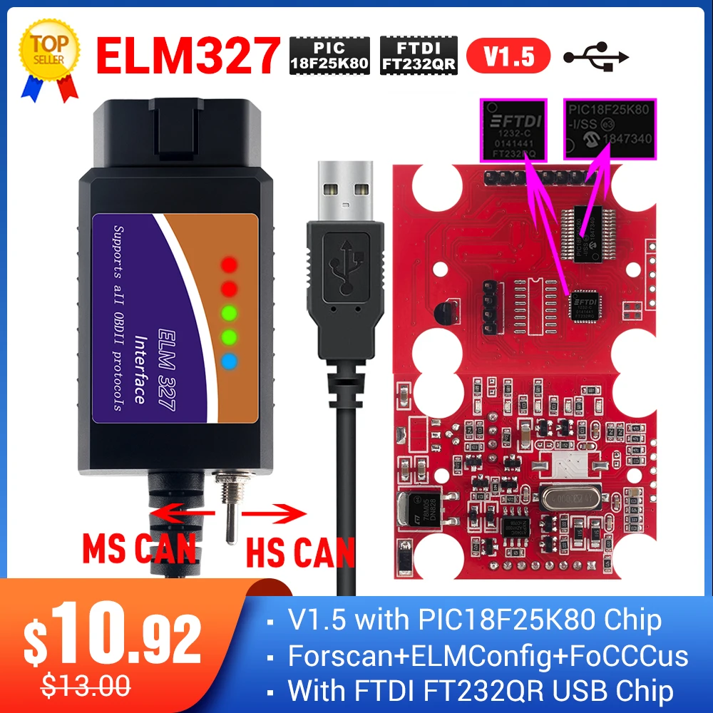 ELM327 USB FTDI with switch code Scanner FORscan ELMconfig HS CAN and MS CAN super elm327 obd2 ...