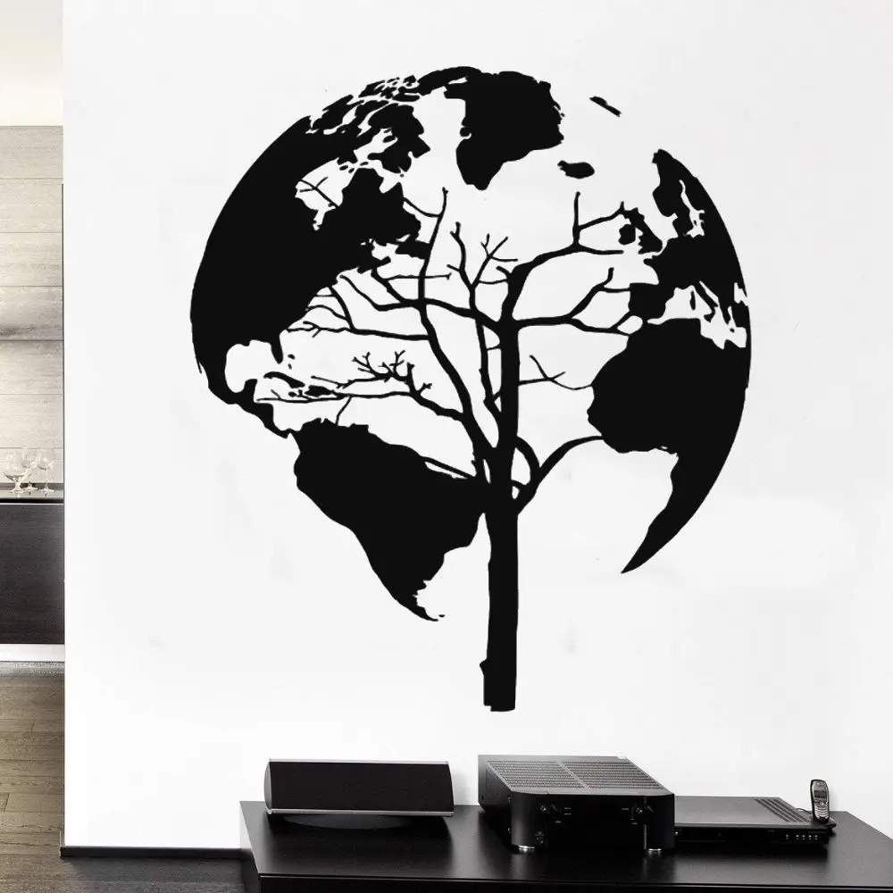 World Tree Vector Silhouette Wall Decal Vinyl Geographical Sticker Home ...