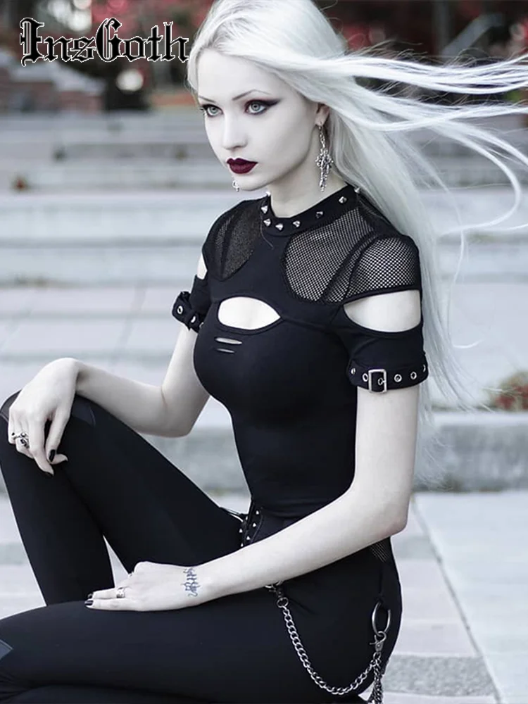 InsGoth-Women-T-shirts-Gothic-Punk-Chix-Black-T-shirts-Casual-Slim-Mesh ...