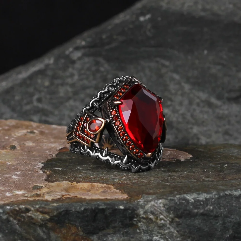 925K Sterling Silver Ring, Garnet Gemstone With Shiny Zircon Stones ...