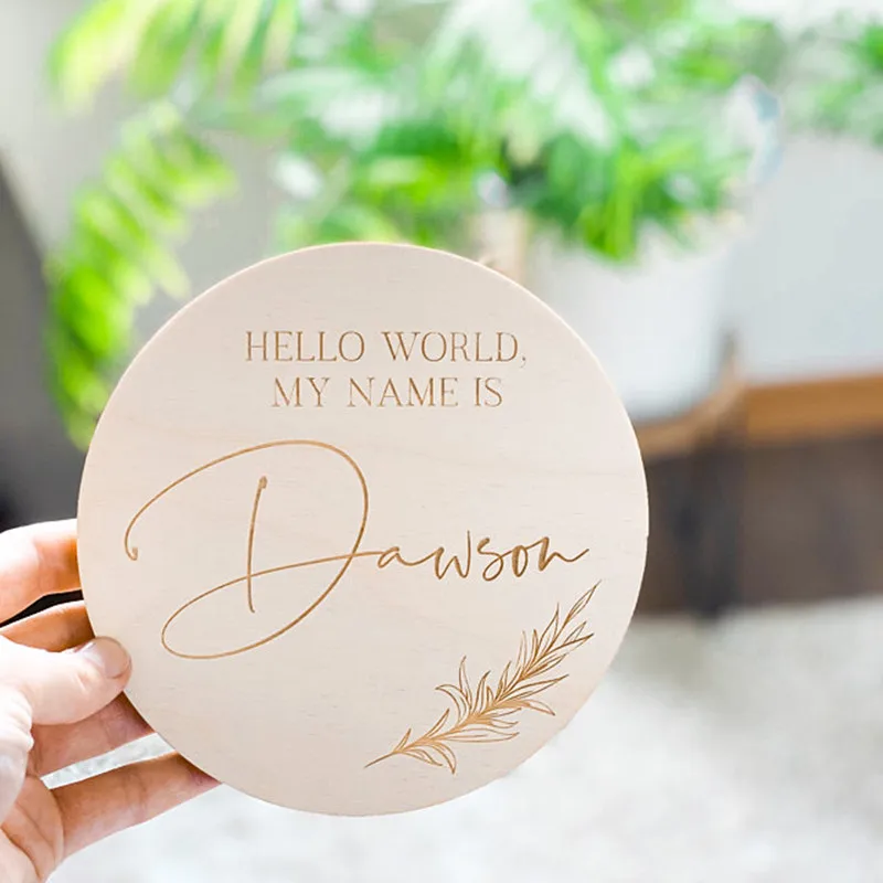 Engraved-wood-baby-name-sign-Custom-birth-Announcement-disc-Hello-World ...