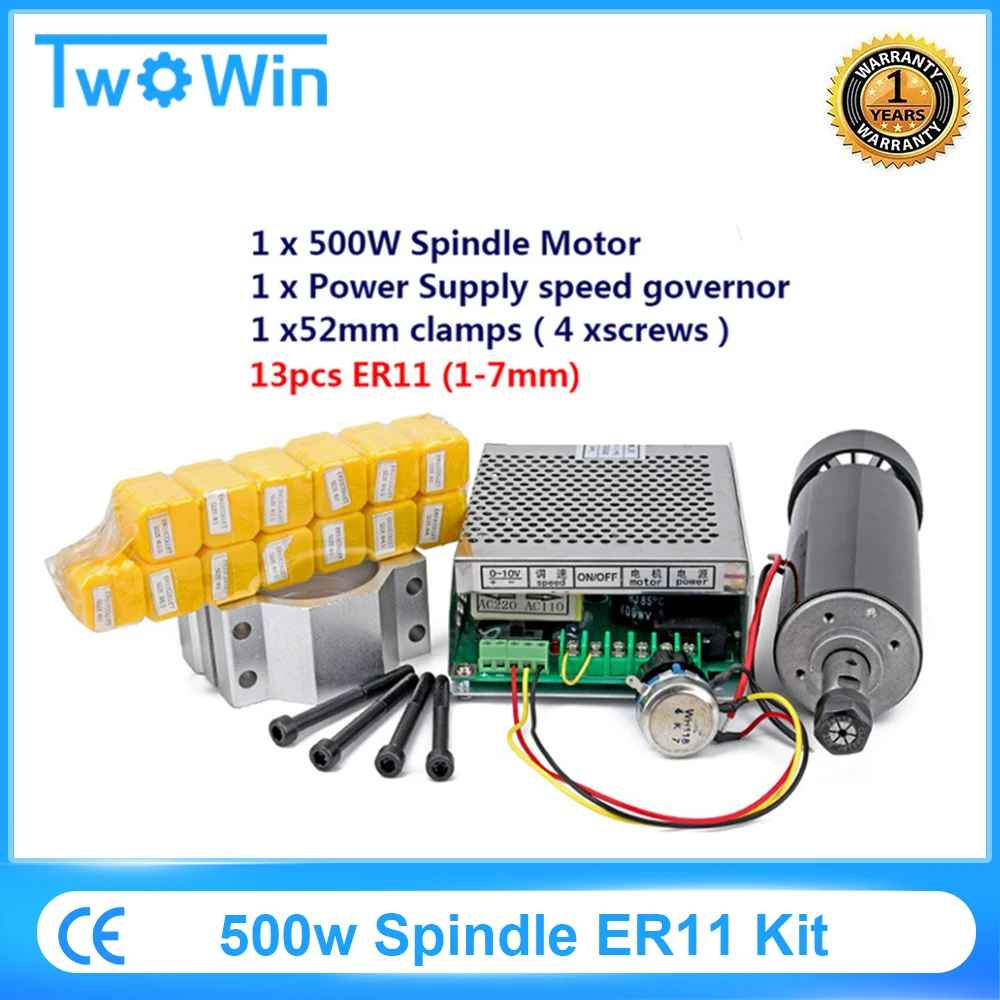 CNC Spindle Motor 0.5kw Air Cooled Spindel ER11 Chuck 500W + 52mm Clamp ...