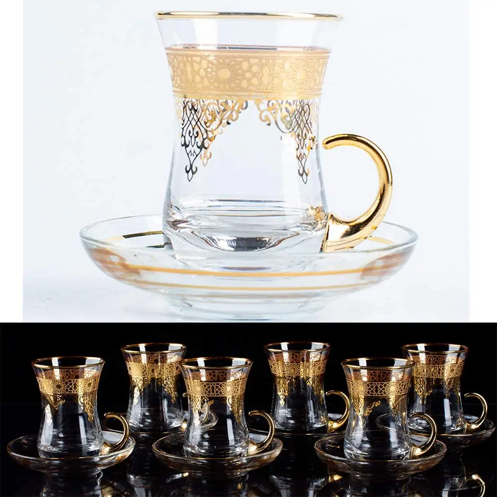 Turkish-Tea-Glasses-Cups-Set-of-6-and-Saucers-with-Handle-Arabic-Decors ...
