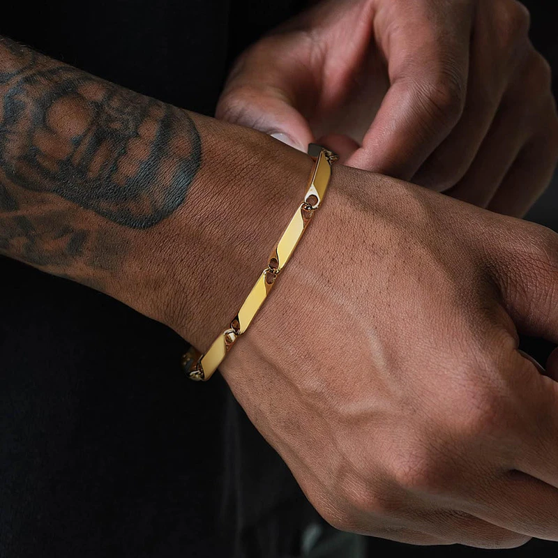 Bar Link Baht Link Chain Bracelet ,stainless Steel Gold Plated Bamboo ...