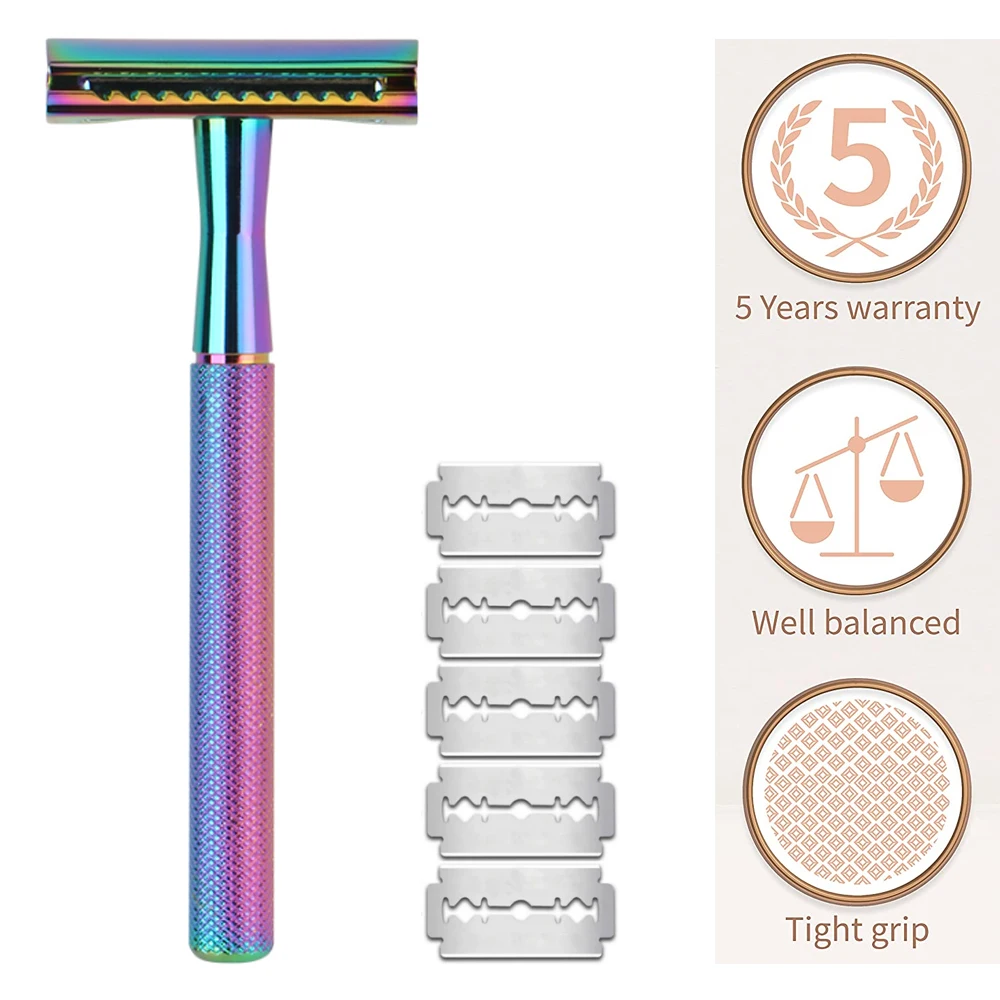 Double-Edge-Safety-Razor-Reusable-Shaving-Razor-With-5-Shaving-Blades ...