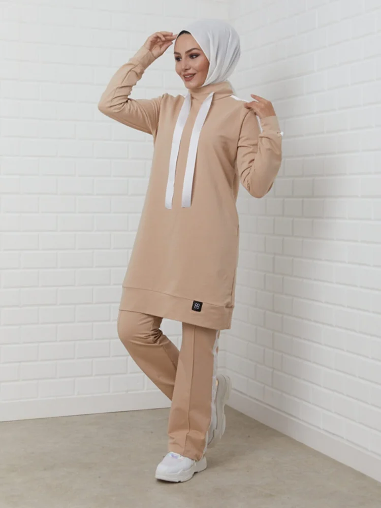White Ribbon Detail Beige Tracksuit Suit Muslim Fashion Islamic ...