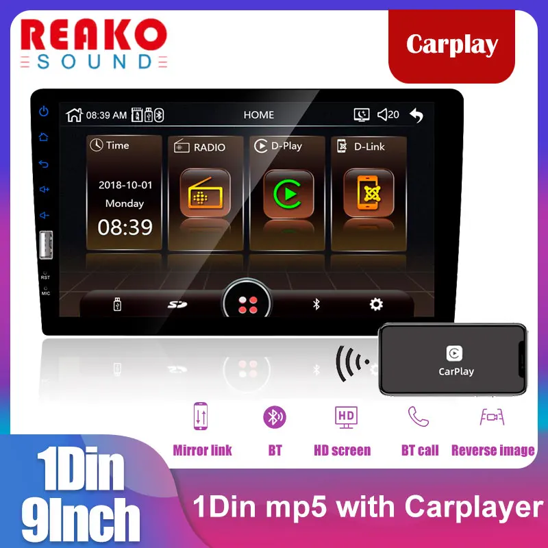 REAKOSOUND 9inch 1 Din MP5 Car Radio with Carplay Bluetooth HD Screen Autoradio Multimedia ...