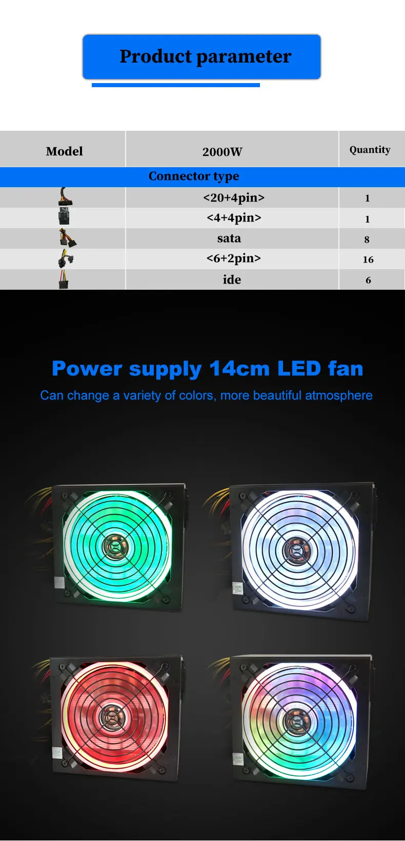 New 2000W RGB Mining Power Supply Support 8 GPUs GPU Mining Rig ETH ...