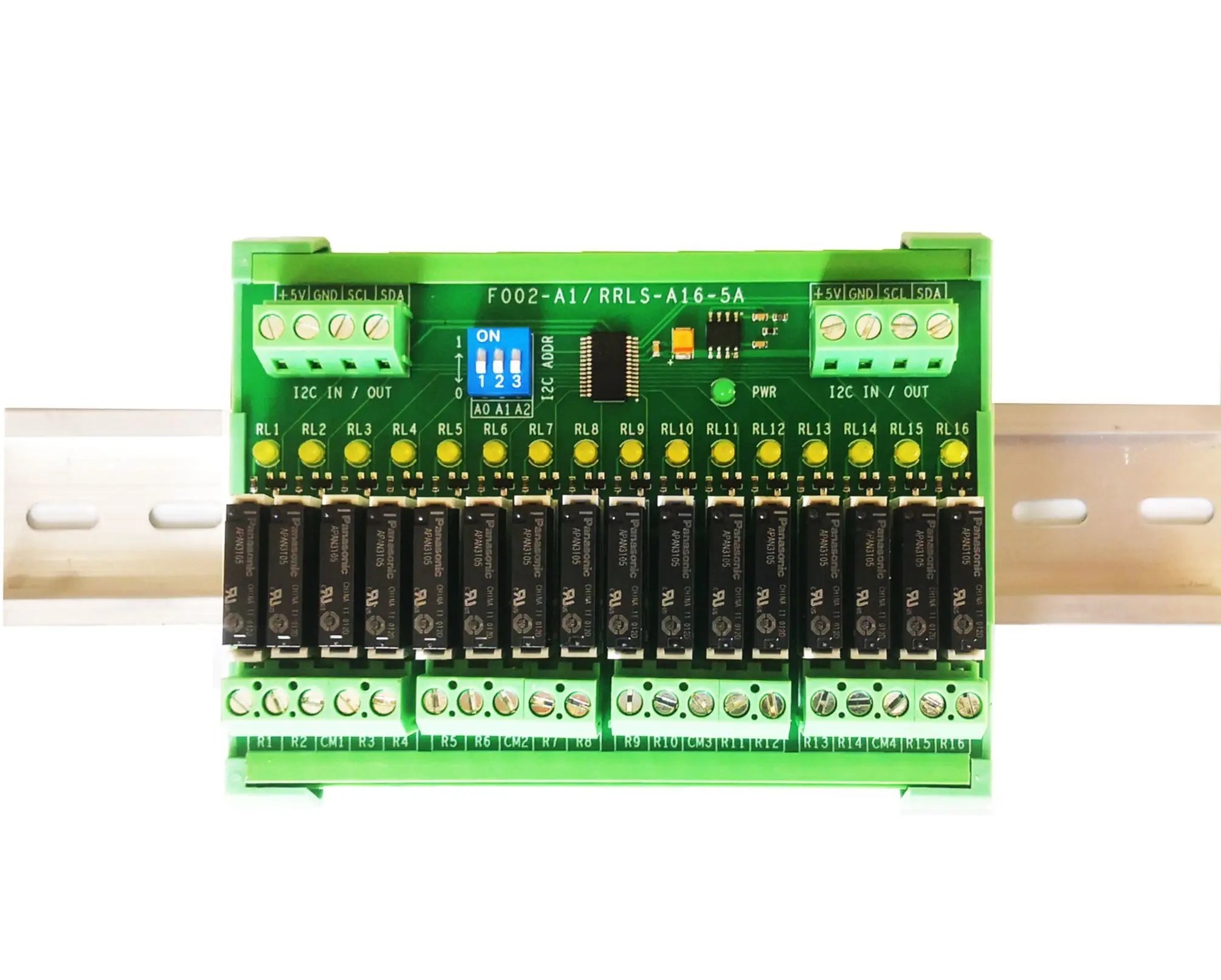 16-Channel DIN Rail Mounting 5A SPST Power Relay Module with I2C Interface