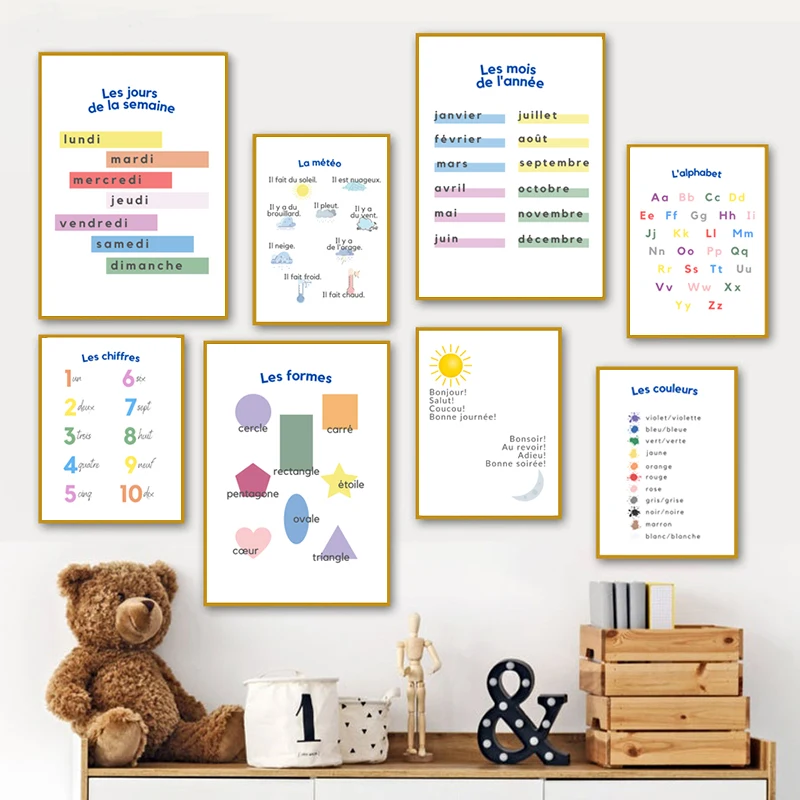 French-Greetings-Alphabet-Kids-Educational-Poster-Nursery-Wall-Art ...
