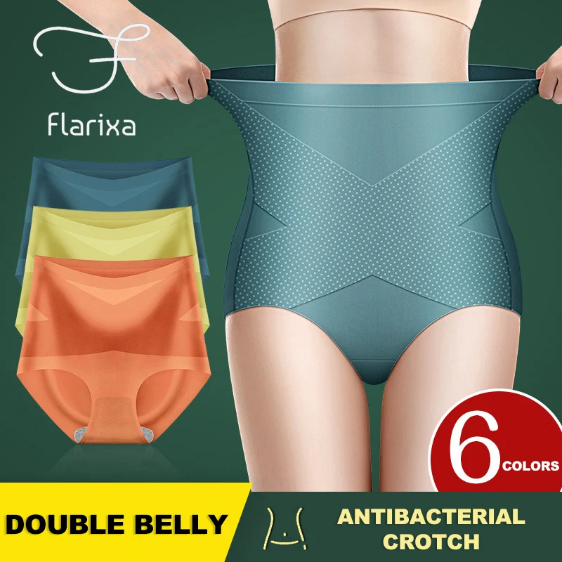 Flarixa 2022 얼음 실크 원활한 팬티 높은 허리 플랫 배꼽 여성 팬티 강한 바디 쉐이핑 바지 3d 엉덩이 리프트 팬티