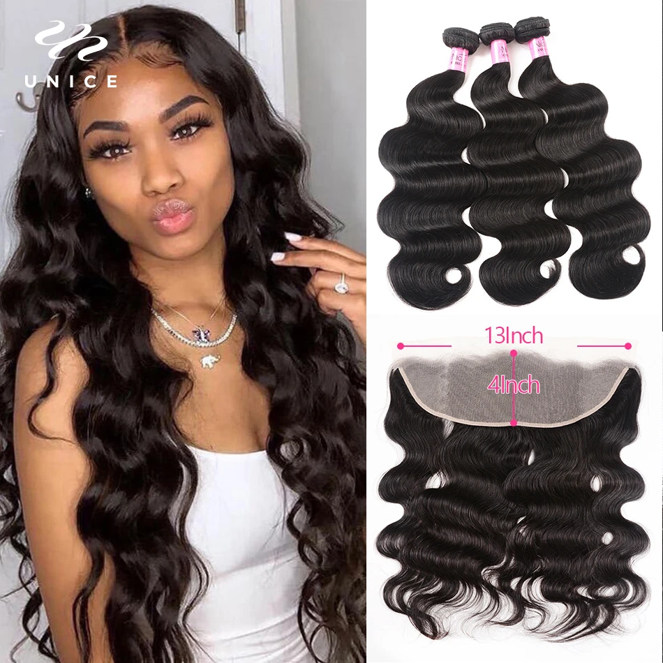 Unice Hair 13x4 Lace Frontal Closure With Bundles Brazilian Body Wave ...